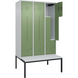 C+P Z-Spind Classic PLUS Sitzbank, 3 Abteile, lichtgrau / resedagrün, B 1200 mm, Zylinderschloss, untergebaut, Kunststoff