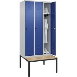 C+P Spind Classic PLUS Sitzbank, 3 Abteile, lichtgrau / enzianblau, B 900 mm, Sicherheits-Drehriegel, untergebaut, Buche-Hartholz