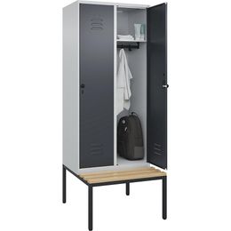 C+P Spind Classic PLUS Sitzbank, 2 Abteile, lichtgrau / grau, B 800 mm, Sicherheits-Drehriegel, untergebaut, Buche-Hartholz