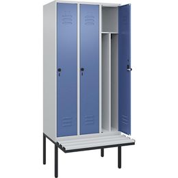 C+P Schwarz-Weiß-Spind Classic PLUS Sitzbank, schmal, 3 Abteile, Trennwand verkürzt, lichtgrau / fernblau, B 900 mm, Sicherheits-Drehriegel, auskragend, Kunststoff