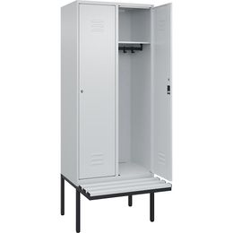 C+P Spind Classic PLUS Sitzbank, 2 Abteile, lichtgrau, B 800 mm, Zylinderschloss, auskragend, Kunststoff