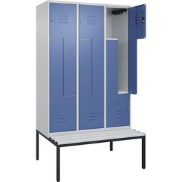 C+P Z-Spind Classic PLUS Sitzbank, 3 Abteile, lichtgrau / fernblau, B 1200 mm, Zylinderschloss, untergebaut, Kunststoff