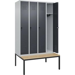 C+P Spind Classic PLUS Sitzbank, 4 Abteile, lichtgrau / grau, B 1200 mm, Sicherheits-Drehriegel, untergebaut, Buche-Hartholz