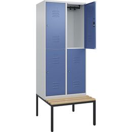 C+P Doppelstock-Spind Classic PLUS Sitzbank, 2 Abteile, lichtgrau / fernblau, B 800 mm, Zylinderschloss, untergebaut, Buche-Hartholz