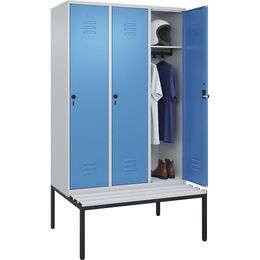 C+P Spind Classic PLUS Sitzbank, 3 Abteile, lichtgrau / lichtblau, B 1200 mm, Sicherheits-Drehriegel, untergebaut, Kunststoff