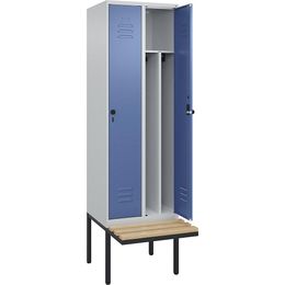 C+P Schwarz-Weiß-Spind Classic PLUS Sitzbank, schmal, 2 Abteile, Trennwand verkürzt, lichtgrau / fernblau, B 600 mm, Sicherheits-Drehriegel, auskragend, Buche-Hartholz