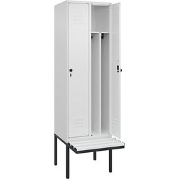 C+P Schwarz-Weiß-Spind Classic PLUS Sitzbank, schmal, 2 Abteile, Trennwand verkürzt, verkehrsweiß, B 600 mm, Sicherheits-Drehriegel, auskragend, Kunststoff