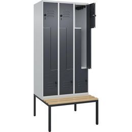 C+P Z-Spind Classic PLUS Sitzbank, 3 Abteile, lichtgrau / grau, B 900 mm, Sicherheits-Drehriegel, untergebaut, Buche-Hartholz
