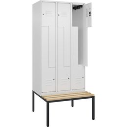 C+P Z-Spind Classic PLUS Sitzbank, 3 Abteile, verkehrsweiß, B 900 mm, Zylinderschloss, untergebaut, Buche-Hartholz