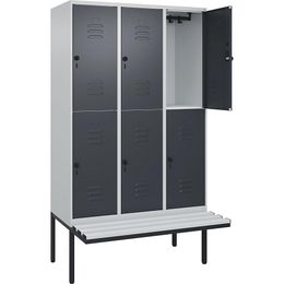C+P Doppelstock-Spind Classic PLUS Sitzbank, 3 Abteile, lichtgrau / grau, B 1200 mm, Sicherheits-Drehriegel, auskragend, Kunststoff