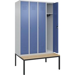 C+P Spind Classic PLUS Sitzbank, 4 Abteile, lichtgrau / fernblau, B 1200 mm, Zylinderschloss, untergebaut, Buche-Hartholz
