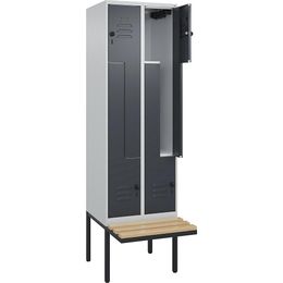 C+P Z-Spind Classic PLUS Sitzbank, 2 Abteile, lichtgrau / grau, B 600 mm, Sicherheits-Drehriegel, auskragend, Buche-Hartholz