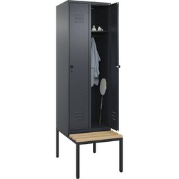 C+P Spind Classic PLUS Sitzbank, 2 Abteile, grau, B 600 mm, Sicherheits-Drehriegel, untergebaut, Buche-Hartholz
