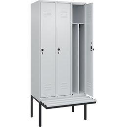 C+P Schwarz-Weiß-Spind Classic PLUS Sitzbank, schmal, 3 Abteile, Trennwand verkürzt, lichtgrau, B 900 mm, Sicherheits-Drehriegel, auskragend, Kunststoff