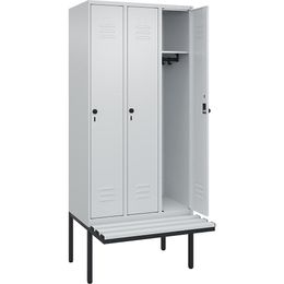 C+P Spind Classic PLUS Sitzbank, 3 Abteile, lichtgrau, B 900 mm, Sicherheits-Drehriegel, auskragend, Kunststoff