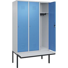 C+P Spind Classic PLUS Sitzbank, 3 Abteile, lichtgrau / lichtblau, B 1200 mm, Zylinderschloss, auskragend, Kunststoff