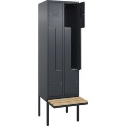 C+P Z-Spind Classic PLUS Sitzbank, 2 Abteile, grau, B 600 mm, Zylinderschloss, auskragend, Buche-Hartholz