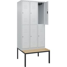 C+P Doppelstock-Spind Classic PLUS Sitzbank, 3 Abteile, lichtgrau, B 900 mm, Zylinderschloss, untergebaut, Buche-Hartholz