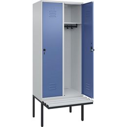 C+P Spind Classic PLUS Sitzbank, 2 Abteile, lichtgrau / fernblau, B 800 mm, Sicherheits-Drehriegel, auskragend, Kunststoff