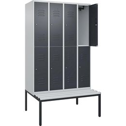 C+P Doppelstock-Spind Classic PLUS Sitzbank, 4 Abteile, lichtgrau / grau, B 1200 mm, Zylinderschloss, untergebaut, Kunststoff