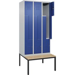 C+P Z-Spind Classic PLUS Sitzbank, 3 Abteile, lichtgrau / enzianblau, B 900 mm, Zylinderschloss, untergebaut, Buche-Hartholz