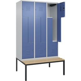 C+P Z-Spind Classic PLUS Sitzbank, 3 Abteile, lichtgrau / fernblau, B 1200 mm, Zylinderschloss, untergebaut, Buche-Hartholz