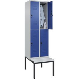 C+P Doppelstock-Spind Classic PLUS Sitzbank, 2 Abteile, lichtgrau / enzianblau, B 600 mm, Sicherheits-Drehriegel, untergebaut, Kunststoff