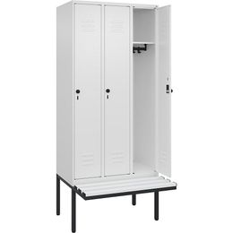 C+P Spind Classic PLUS Sitzbank, 3 Abteile, verkehrsweiß, B 900 mm, Sicherheits-Drehriegel, auskragend, Kunststoff