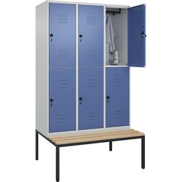 C+P Doppelstock-Spind Classic PLUS Sitzbank, 3 Abteile, lichtgrau / fernblau, B 1200 mm, Sicherheits-Drehriegel, untergebaut, Buche-Hartholz
