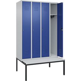 C+P Spind Classic PLUS Sitzbank, 4 Abteile, lichtgrau / enzianblau, B 1200 mm, Zylinderschloss, untergebaut, Kunststoff