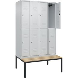 C+P Doppelstock-Spind Classic PLUS Sitzbank, 4 Abteile, lichtgrau, B 1200 mm, Zylinderschloss, untergebaut, Buche-Hartholz