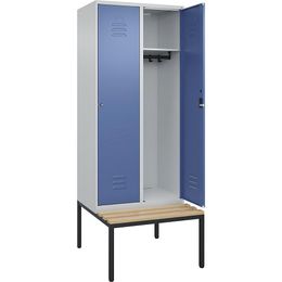 C+P Spind Classic PLUS Sitzbank, 2 Abteile, lichtgrau / fernblau, B 800 mm, Zylinderschloss, untergebaut, Buche-Hartholz