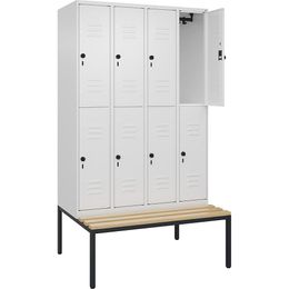 C+P Doppelstock-Spind Classic PLUS Sitzbank, 4 Abteile, verkehrsweiß, B 1200 mm, Sicherheits-Drehriegel, untergebaut, Buche-Hartholz