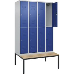 C+P Doppelstock-Spind Classic PLUS Sitzbank, 4 Abteile, lichtgrau / enzianblau, B 1200 mm, Zylinderschloss, untergebaut, Buche-Hartholz