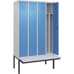 C+P Schwarz-Weiß-Spind Classic PLUS Sitzbank, schmal, 4 Abteile, Trennwand verkürzt, lichtgrau / lichtblau, B 1200 mm, Zylinderschloss, auskragend, Kunststoff
