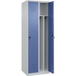 C+P Schwarz-Weiß-Spind Classic PLUS, schmal, 2 Abteile, Trennwand verkürzt, lichtgrau / fernblau, B 600 mm, mit Bodengleitern, Drehriegel, Trennwand mittig