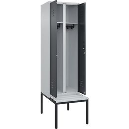 C+P Schwarz-Weiß-Spind Classic PLUS Sitzbank, 1 Abteil, lichtgrau / grau, B 600 mm, Zylinderschloss, untergebaut, Kunststoff
