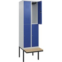 C+P Doppelstock-Spind Classic PLUS Sitzbank, 2 Abteile, lichtgrau / enzianblau, B 600 mm, Zylinderschloss, auskragend, Buche-Hartholz