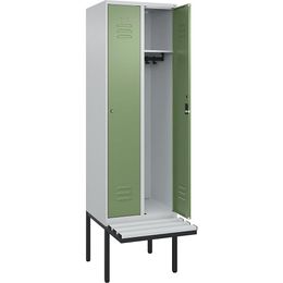 C+P Spind Classic PLUS Sitzbank, 2 Abteile, lichtgrau / resedagrün, B 600 mm, Zylinderschloss, auskragend, Kunststoff
