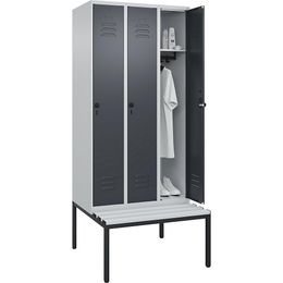 C+P Spind Classic PLUS Sitzbank, 3 Abteile, lichtgrau / grau, B 900 mm, Sicherheits-Drehriegel, untergebaut, Kunststoff