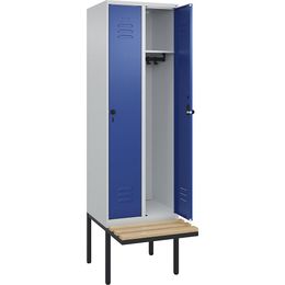 C+P Spind Classic PLUS Sitzbank, 2 Abteile, lichtgrau / enzianblau, B 600 mm, Sicherheits-Drehriegel, auskragend, Buche-Hartholz