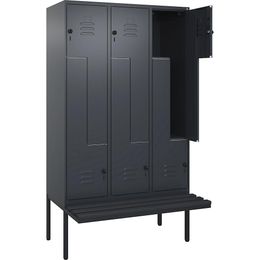 C+P Z-Spind Classic PLUS Sitzbank, 3 Abteile, grau, B 1200 mm, Sicherheits-Drehriegel, auskragend, Kunststoff