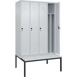 C+P Schwarz-Weiß-Spind Classic PLUS Sitzbank, schmal, 4 Abteile, Trennwand verkürzt, lichtgrau, B 1200 mm, Sicherheits-Drehriegel, untergebaut, Kunststoff