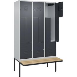 C+P Z-Spind Classic PLUS Sitzbank, 3 Abteile, lichtgrau / grau, B 1200 mm, Zylinderschloss, auskragend, Buche-Hartholz