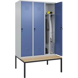 C+P Schwarz-Weiß-Spind Classic PLUS Sitzbank, schmal, 3 Abteile, Trennwand verkürzt, lichtgrau / fernblau, B 1200 mm, Sicherheits-Drehriegel, untergebaut, Buche-Hartholz