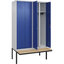 C+P Schwarz-Weiß-Spind Classic PLUS Sitzbank, 2 Abteile, lichtgrau / enzianblau, B 1200 mm, Zylinderschloss, auskragend, Buche-Hartholz