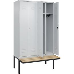 C+P Schwarz-Weiß-Spind Classic PLUS Sitzbank, 2 Abteile, lichtgrau, B 1200 mm, Zylinderschloss, auskragend, Buche-Hartholz