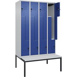 C+P Z-Spind Classic PLUS Sitzbank, 4 Abteile, lichtgrau / enzianblau, B 1200 mm, Sicherheits-Drehriegel, untergebaut, Kunststoff