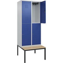 C+P Doppelstock-Spind Classic PLUS Sitzbank, 2 Abteile, lichtgrau / enzianblau, B 800 mm, Zylinderschloss, untergebaut, Buche-Hartholz