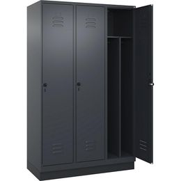 C+P Schwarz-Weiß-Spind Classic PLUS, schmal, 3 Abteile, Trennwand verkürzt, grau, B 1200 mm, mit Bodensockel, Drehriegel, Trennwand mittig